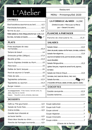 L'ATELIER Restaurant - Menu / Plat du jour